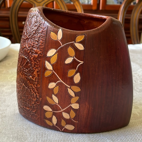Accents | Wood Like Pottery Hand Made Vase Embossed Floral And Leaf ...